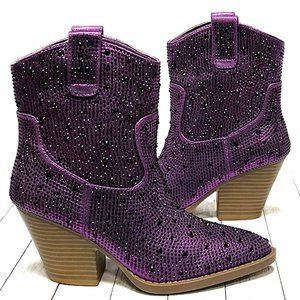 Shoes | New Women Purple Rhinestone Blingy Cowboy Western Ankle Boots ...